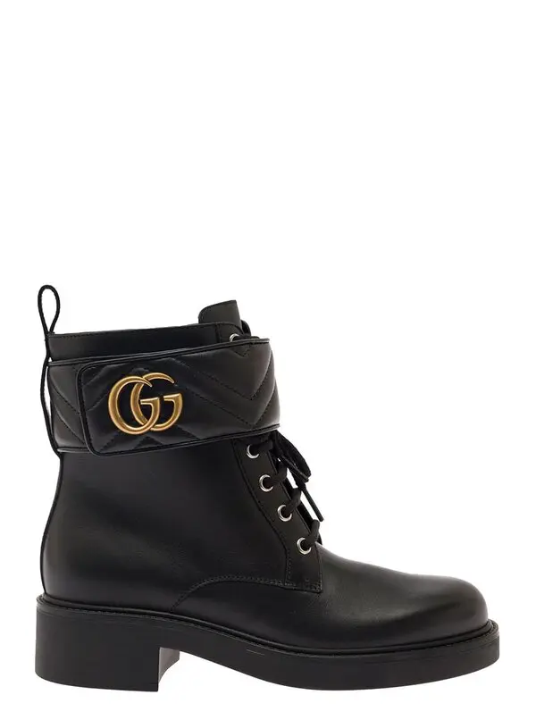 Gucci Black Ankle Boot With Double 'g' And Textured Hardware In Leather - Multicolor