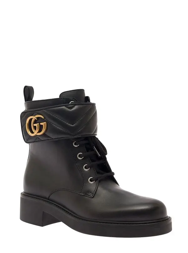 Gucci Black Ankle Boot With Double 'g' And Textured Hardware In Leather - Multicolor