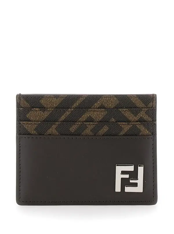 Fendi Squared Ff Card Holder In Leather And Ff Canvas