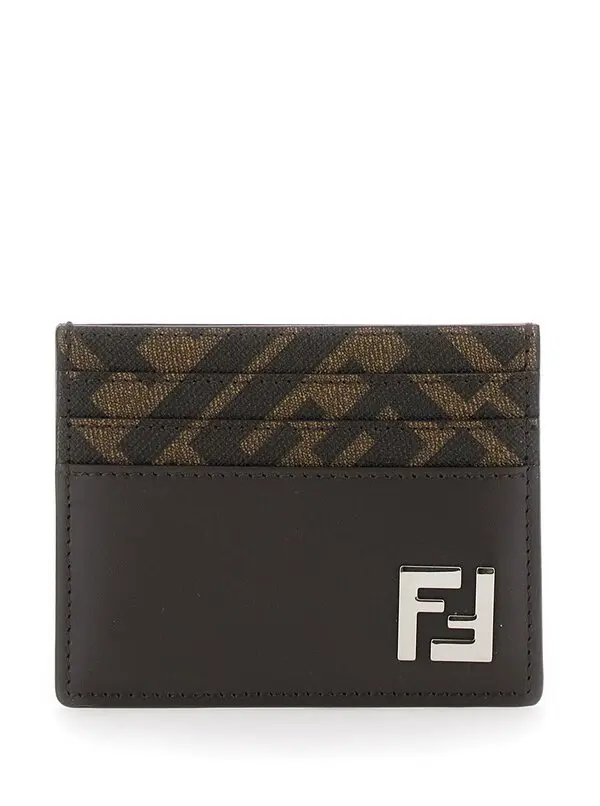 Fendi Squared Ff Card Holder In Leather And Ff Canvas - Brown
