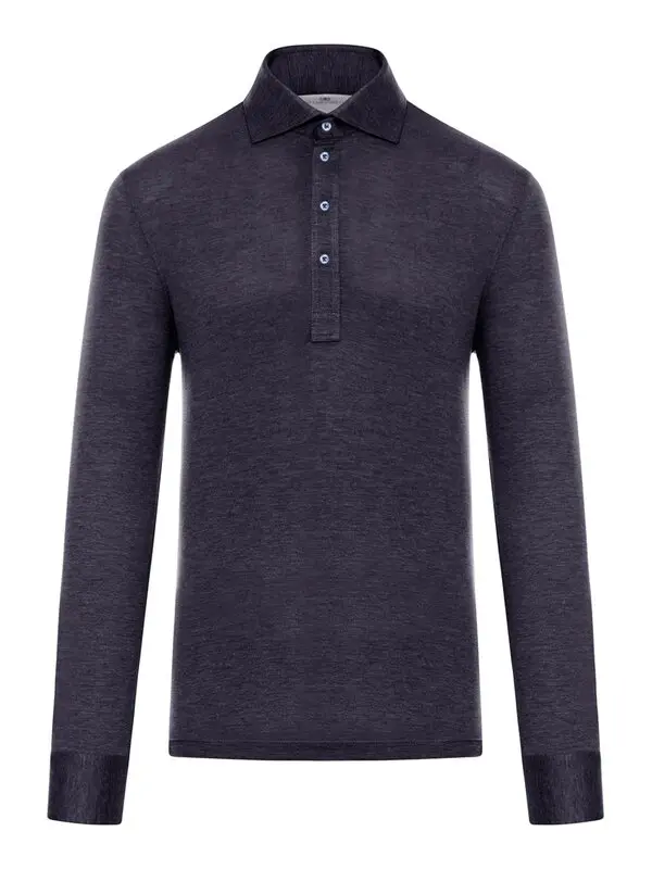 Brunello Cucinelli Long-sleeved Polo Shirt In Light Silk And Cotton Jersey With Shirt Collar - Blue