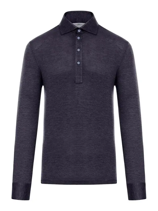 Brunello Cucinelli Long-sleeved Polo Shirt In Light Silk And Cotton Jersey With Shirt Collar - Blue