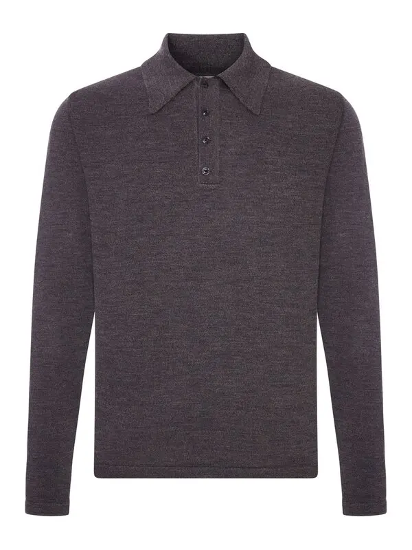 LEMAIRE Long-sleeved Polo Shirt In Premium Mouliné Merino Wool - Multicolor