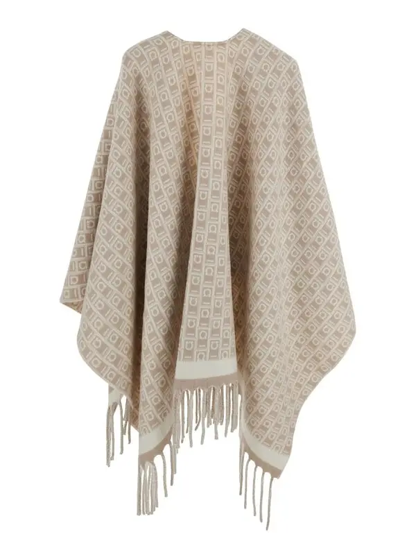 FERRAGAMO Beige Cape With Frayed Hem And All-over Gancini Embroidery In Wool For - Multicolor