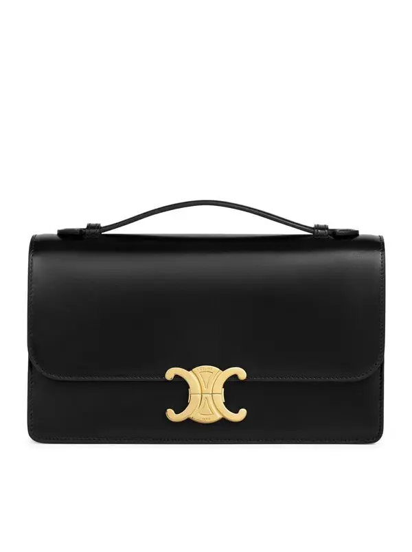 Celine Medium Triomphe Folio In Polished Calfskin - Black