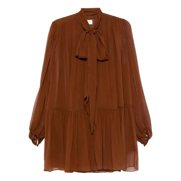 Saint Laurent Sheer Long Sleeve Mini Dress - Brown