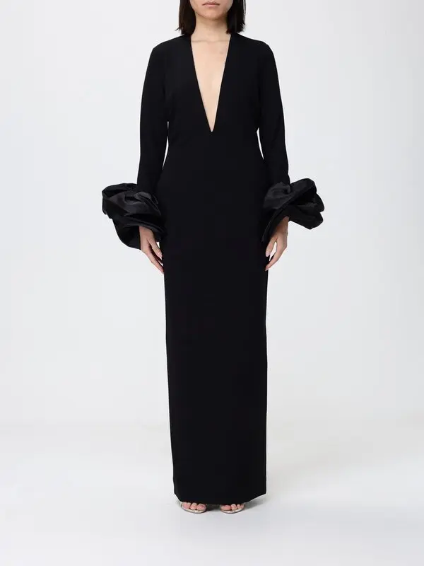 Solace London Long Dress With Satin Details - Black