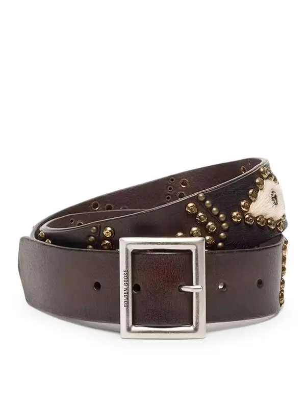 GOLDEN GOOSE Sierra Belt In Mahogany Color Leather With Applied Studs - Multicolor