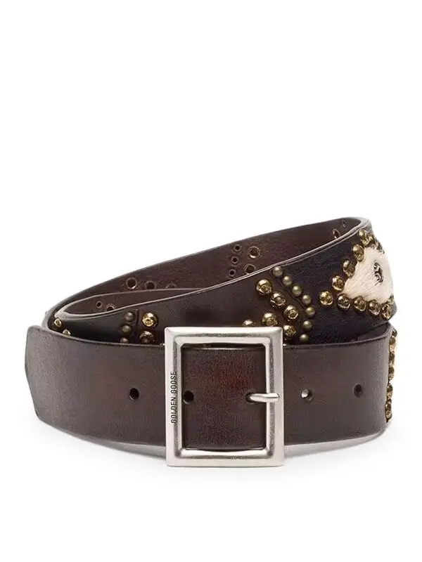 GOLDEN GOOSE Sierra Belt In Mahogany Color Leather With Applied Studs - Multicolor