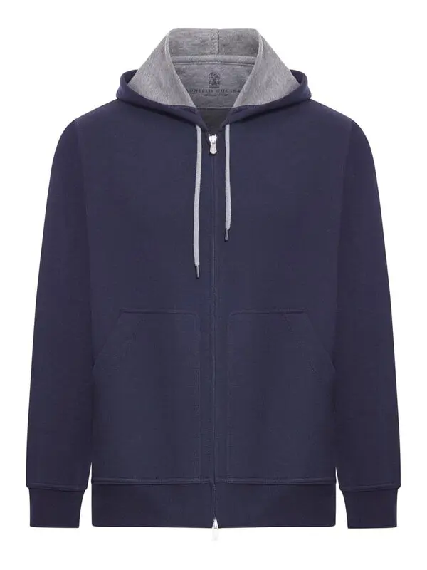 Brunello Cucinelli Double Cotton, Cashmere And Silk Sweatshirt Topwear With Zip And Hood - Blue