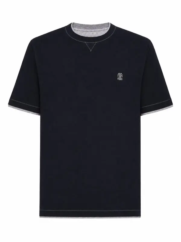 Brunello Cucinelli Cotton T-shirt With Front Logo And Contrasting Trim - Blue