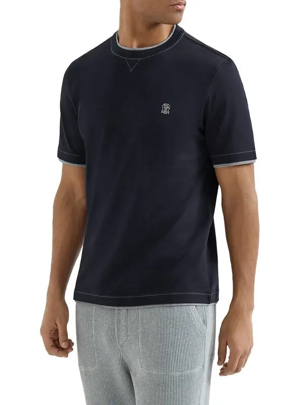 Brunello Cucinelli Cotton T-shirt With Front Logo And Contrasting Trim - Blue