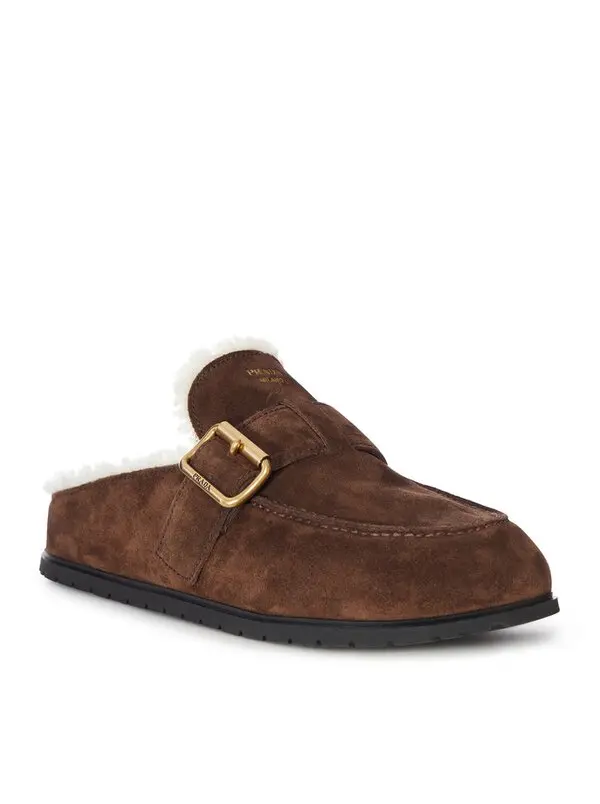 Prada Suede And Shearling Mule With Buckle