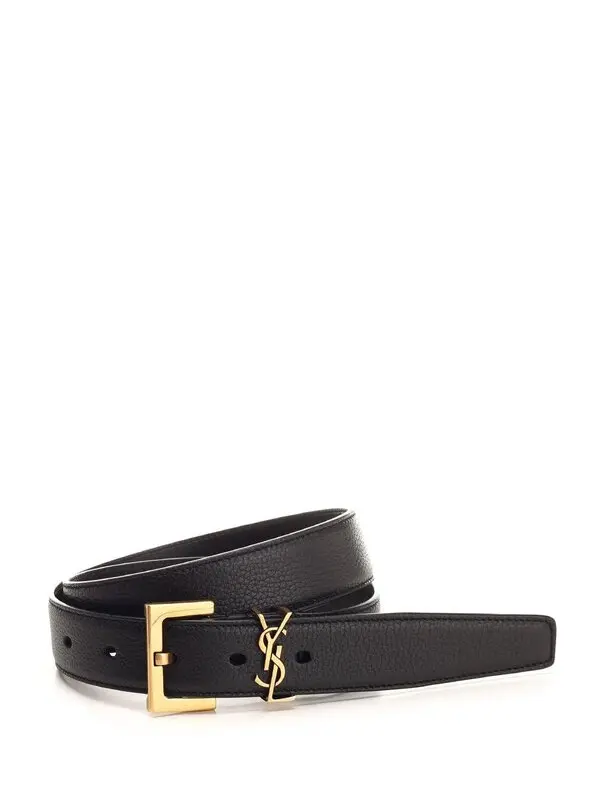Saint Laurent Cassandre Logo Buckle Leather Belt - Black