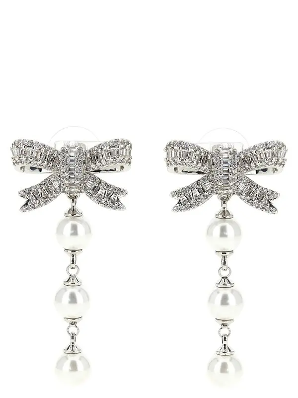 SELF-PORTRAIT Crystal Bow Pearl Droplet' Earrings - Silver