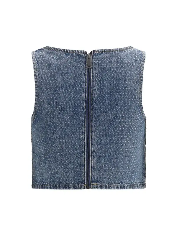 SELF-PORTRAIT Rhinestone Denim Crop Top