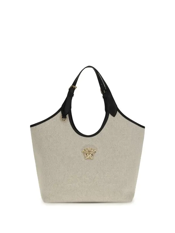 Versace Fabric And Calf Leather Tote Bag - Cream