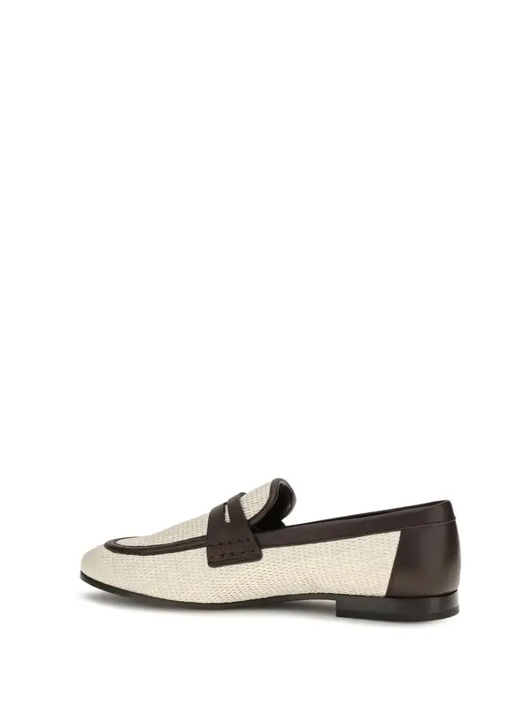 Brunello Cucinelli Two-tone Leather And Raffia Loafers - Cream