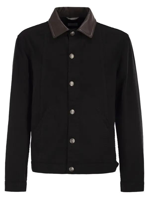 Brunello Cucinelli Lightweight Garment-dyed Cotton Denim Jacket With Leather Collar - Black