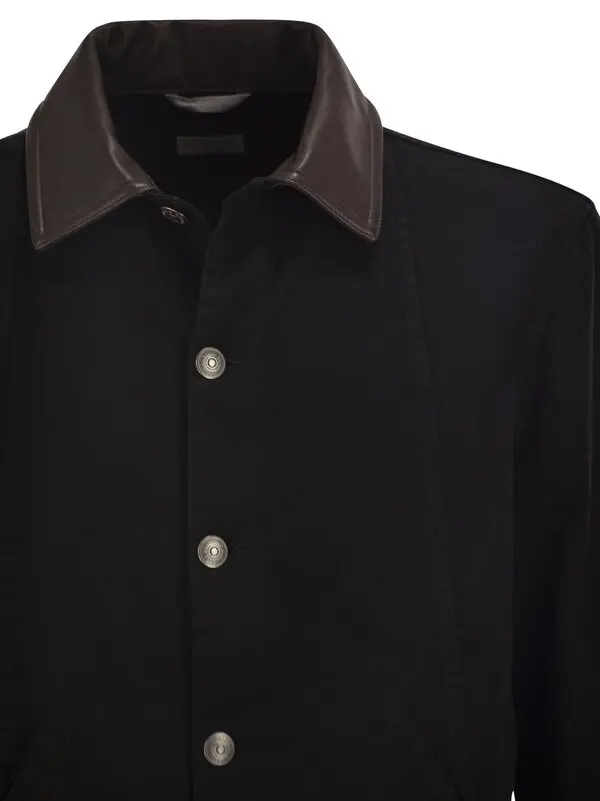 Brunello Cucinelli Lightweight Garment-dyed Cotton Denim Jacket With Leather Collar - Black