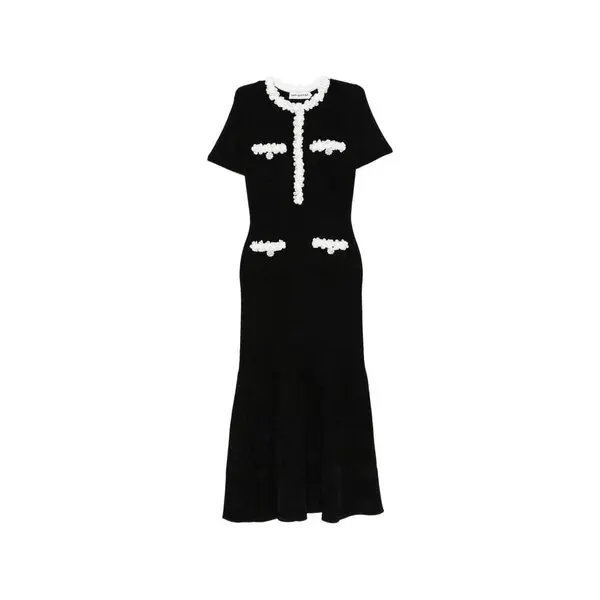 SELF-PORTRAIT Short Sleeve Flared Hem Midi Dress - Black