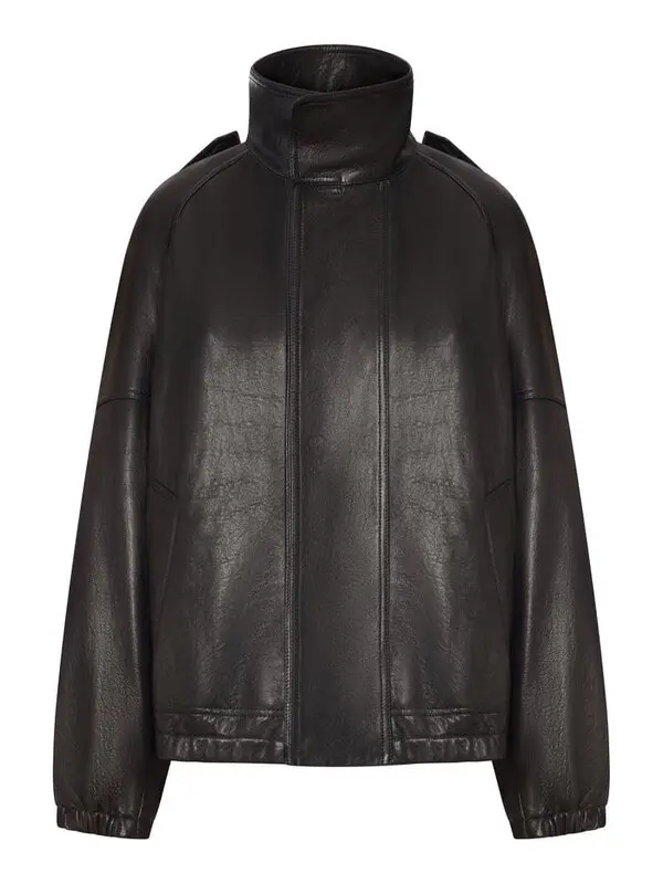 Saint Laurent Oversized Leather Jacket With High Collar - Black