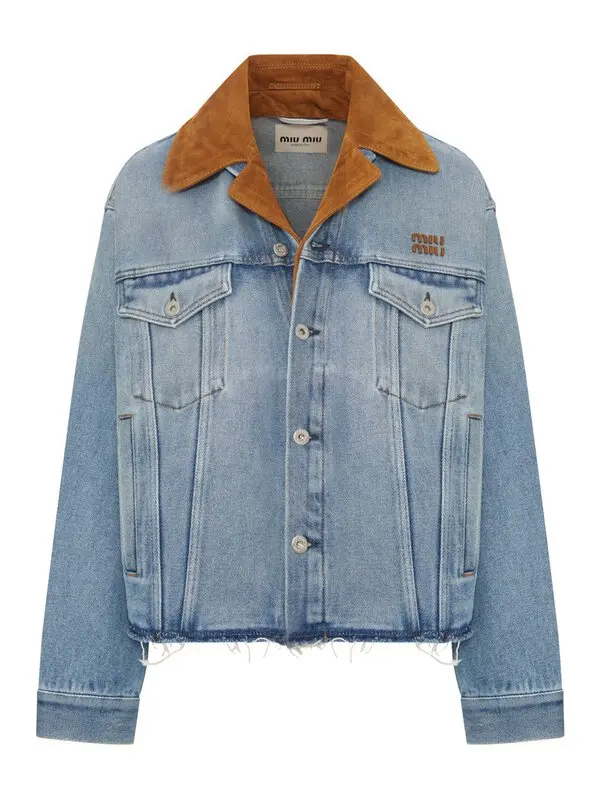 Miu Miu Blouson In Washed Denim And Suede