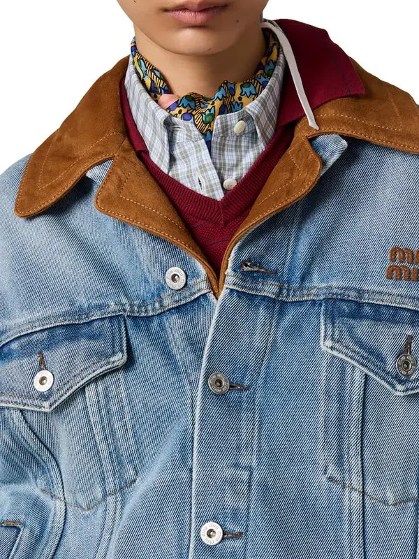 Miu Miu Blouson In Washed Denim And Suede