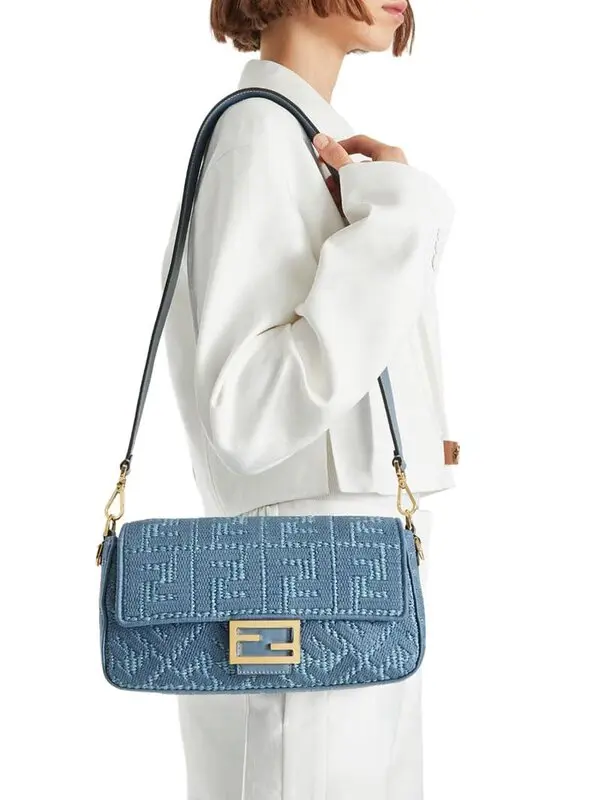Fendi Baguette Bag In Woven Raffia With Blue Ff Embroidery - Multicolor