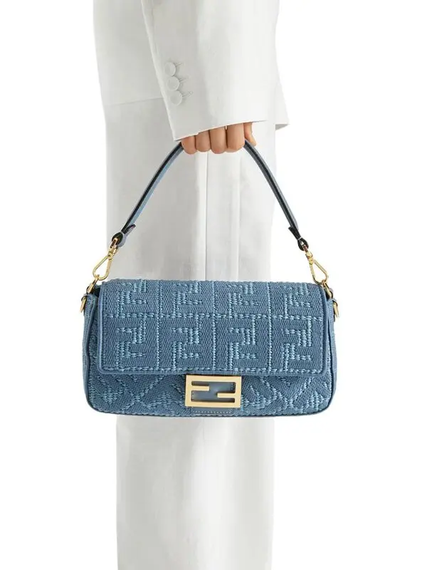 Fendi Baguette Bag In Woven Raffia With Blue Ff Embroidery - Multicolor