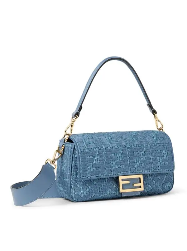 Fendi Baguette Bag In Woven Raffia With Blue Ff Embroidery - Multicolor