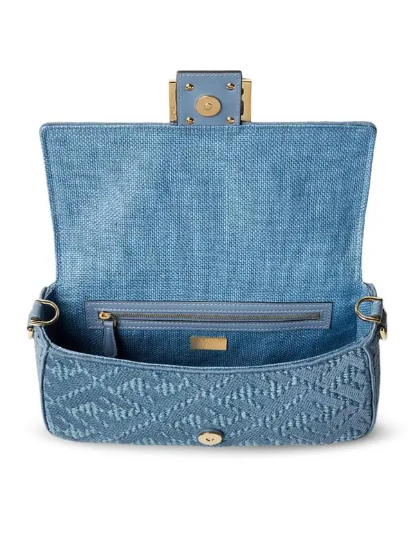 Fendi Baguette Bag In Woven Raffia With Blue Ff Embroidery - Multicolor