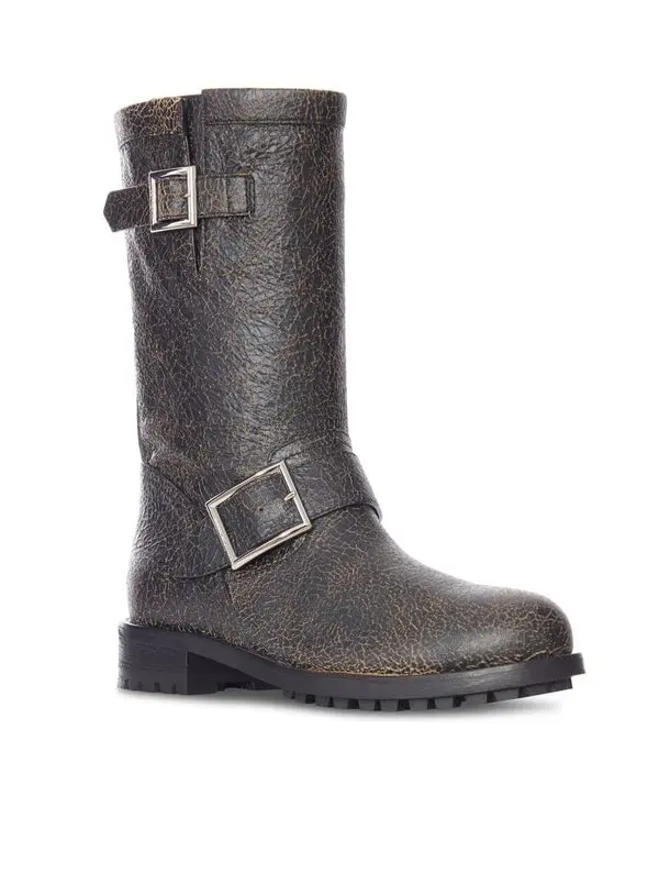 JIMMY CHOO Crackled Leather Biker Boots With Buckles - Brown