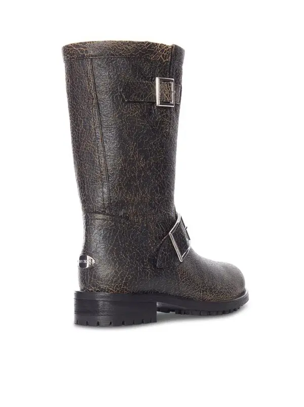 JIMMY CHOO Crackled Leather Biker Boots With Buckles - Brown