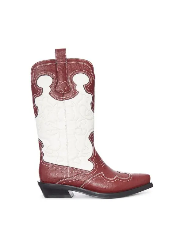 GANNI Leather Texan Boots - Red