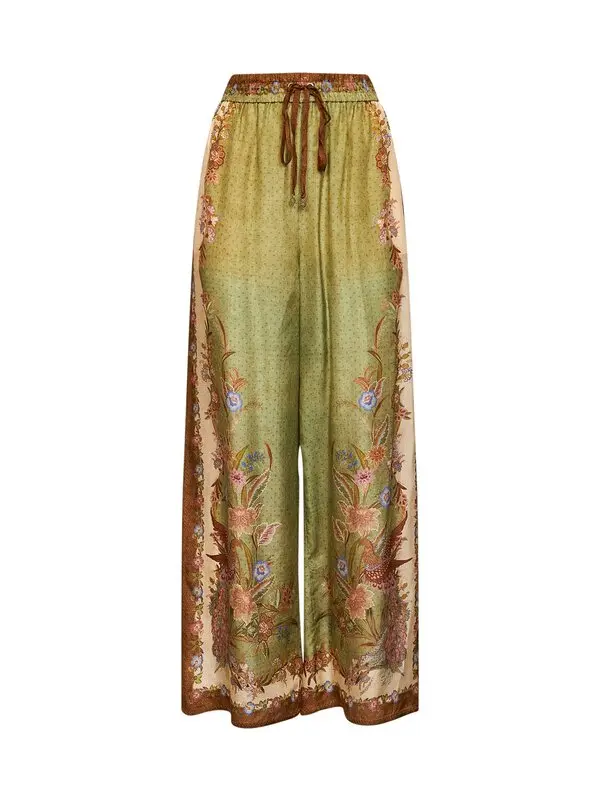 Zimmermann Khaki Floral Scarf-print Silk Habotai Indra Relaxed Trousers - Multicolor