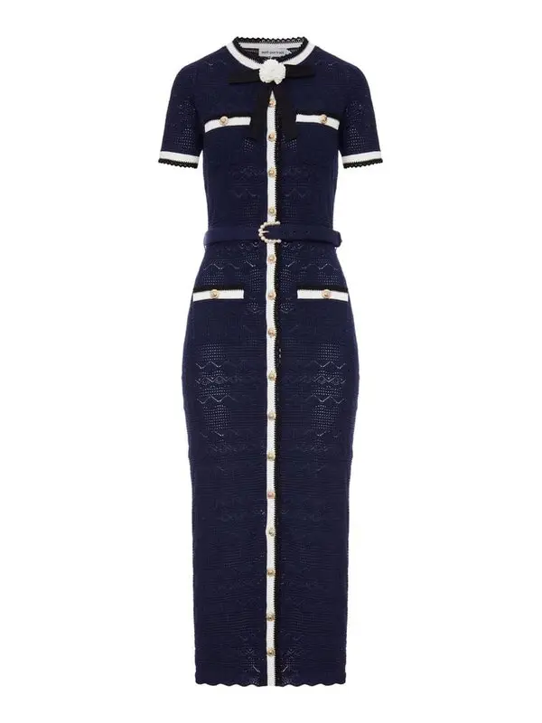 SELF-PORTRAIT Navy Perforated Knit Midi Dress - Blue