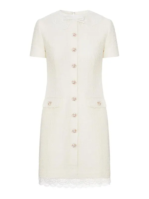 SELF-PORTRAIT Coloured Mini Dress With Boucle Lace Coverings - Cream