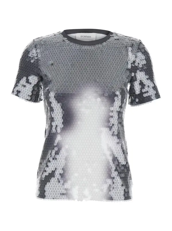 Sportmax Grey T-shirt With All-over Applied Sequins In Tech Fabric - Multicolor