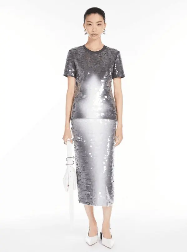 Sportmax Grey T-shirt With All-over Applied Sequins In Tech Fabric - Multicolor