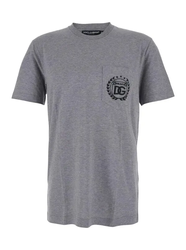 Dolce & Gabbana Grey Crewneck T-shirt With Logo Embroidery On The Front In Cotton - Gray