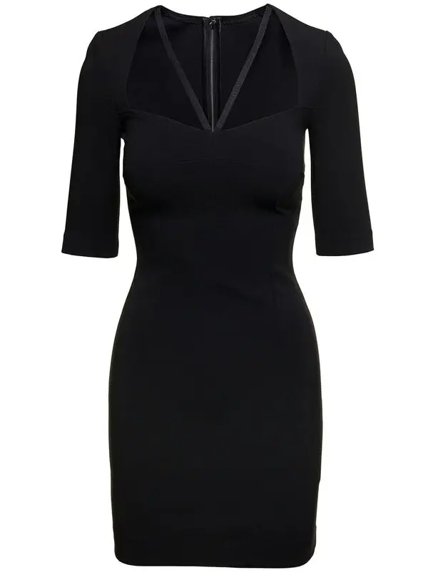 Dolce & Gabbana Black Mini Dress With Short Sleeves And Neckline Detail In Viscose Blend - Multicolor