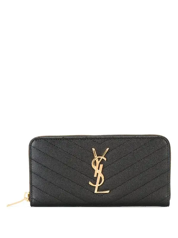Saint Laurent Cassandre Matelassé Zip Around Wallet In Grain De Poudre Leather - Black