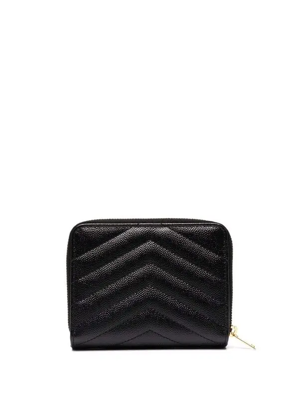 Saint Laurent Cassandre Matelassé Compact Zip Around Wallet In Grain De Poudre Leather - Black