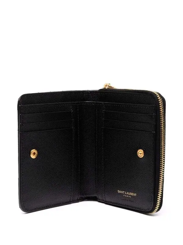 Saint Laurent Cassandre Matelassé Compact Zip Around Wallet In Grain De Poudre Leather - Black