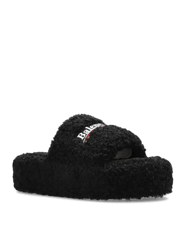 Balenciaga Shearling Platform Slippers - Black