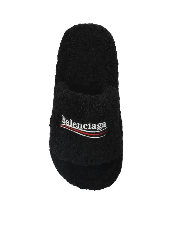 Balenciaga Shearling Platform Slippers - Black