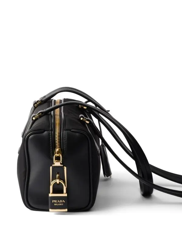 Prada Re-nylon And Leather Medium Top-handle Bag With Padlock - Black
