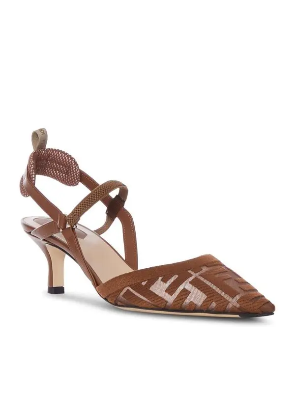 Fendi Colibrì Lite Slingback With Medium Heel In Mesh With Ff Embroidery - Brown