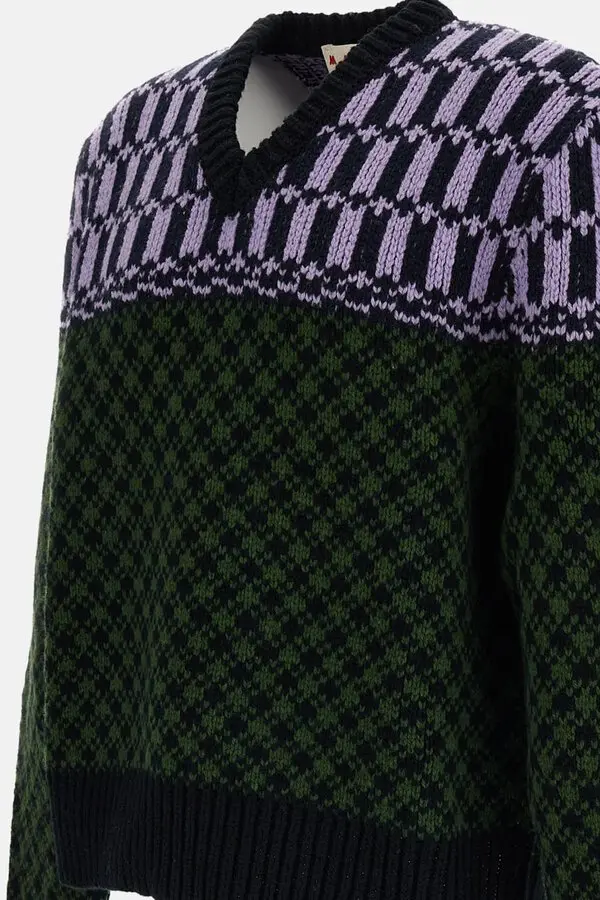 Marni Geometric Jacquard Carded Wool V-neck Sweater - Multicolor